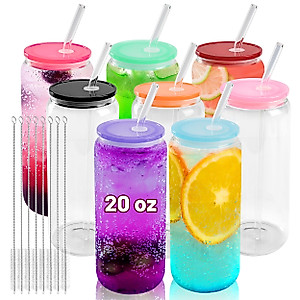 Joyclub 20 oz Glass Cups with Acrylic Lids and Straws 8pcs Can Shaped Glass Iced Coffee Cups with Lids, Drinking Jar Glasses Cute Tumbler Cup Great for Smoothie Soda Boba Tea Cocktail Beer Gift