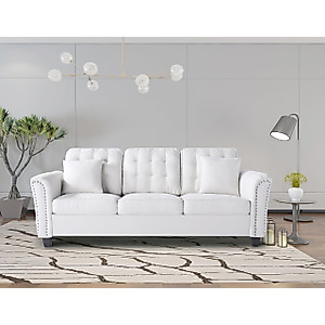 Lepfun Chesterfield, 86.6” Flare Sofa, Tufted 3 Seater Furniture, Velvet Couch with Scroll Arms and Nailhead for Living Room, Bedroom, Office, Apartment (Beige)