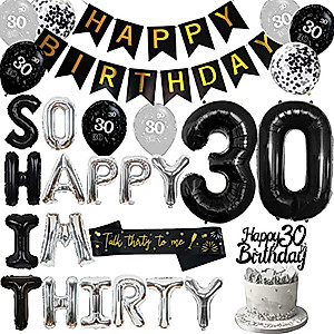 30th Birthday Decoration Black and Silver So Happy I’m Thirty Funny 30th Birthday Balloons for Men Women Talk Thirty to Me Sash Number 30 Foil Balloon Glitter Cake Topper