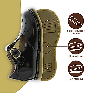 FOOTMATES Harper Mary Jane T-Strap Girls Flat Leather Walking Shoes with Custom-Fit Insoles, Slip-Resistant Non-Marking Outsoles - for Toddlers and Little Kids, Ages 1-8, Black Patent 3 Infant M/W