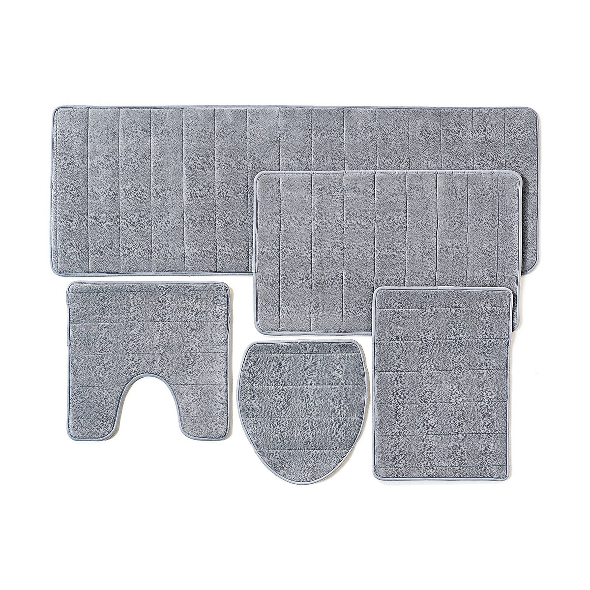 Over the Floor │ Bath Mats 5-Piece Set Thick Memory Foam - Close Out│ Bathroom Rugs Set, Toilet Rug, Water Absorbent, Extra Soft, Non-Slip Back │Gray
