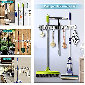 Zollyss Broom Mop Holder Wall Mount Stainless Steel Wall Mounted Storage Organizer Heavy Duty Tools Hanger with 5 Racks 4 Hooks for Kitchen Bathroom Closet Garage Office Garden-1Pc
