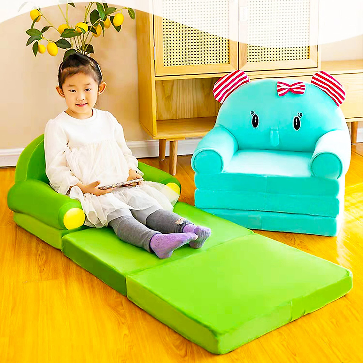 Three Layers of Folding Kids Sofa/Children Sofa/Lazy Sofa/Armchair Flip Open Plush Foldable Mini Sofa Softtoy Cute Cartoon Design Baby Seat Couch (Not Cover!with Liner Filler) (Avocado)