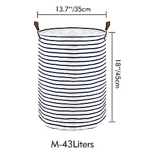 DOKEHOM 17.7-Inches Freestanding Laundry Basket with Lid, Collapsible Large Drawstring Clothes Hamper Storage with Leather Handle (Blue Stripe, M)