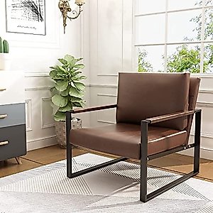 Lamerge Leather Accent Chair Sofa Chair with Extra-Thick Padded Backrest and Seat Cushion Single Sofa for Living Room Bedroom, Black Metal Frame, 105 Degree Slant Back, Brown,Set of 1