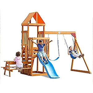 Dolphin Playground Wooden Swing Sets for Backyard with 2 in 1 Outdoor Table, Outdoor Playset for Kids 3-10 with Rock Climbing Wall, 6FT Wave Slide, Fort, and 2 Belt Swings, Playground Accessories
