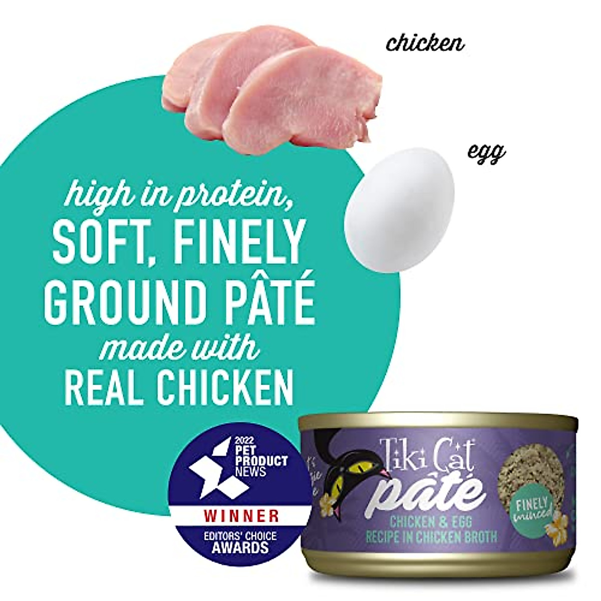 Tiki Cat Luau Pâté, Chicken and Egg Recipe in Chicken Broth, Grain-Free Balanced Nutrition Wet Canned Cat Food, for All Life Stages, 2.8 oz. Cans (Case of 12)