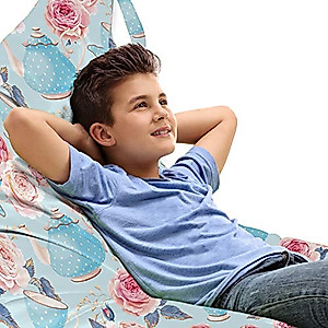 Ambesonne Vintage Lounger Chair Bag, Flowers Roses Vintage Teapot Cups Leaves Pastel Backdrop, High Capacity Storage with Handle Container, Lounger Size, Pale Blue Pale Pink