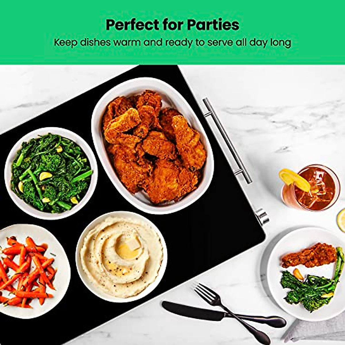 Chefman Electric Warming Tray with Adjustable Temperature Control, Glass Top Large 21”x16” Surface Keeps Food Hot,Black