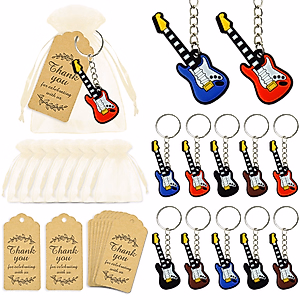 BANBALLON 12 Sets Guitar Party Favors Guitar Key Chains with Organza Bags Thank You Tags for Birthday Party 80s 90s Party Rock and Roll Theme Karaoke Music Party Baby Shower Supplies