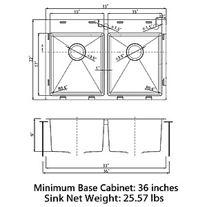 Sinber 33" x 22" x 9" Drop In Double Bowl Kitchen Sink with 18 Gauge 304 Stainless Steel Satin Finish HT3322D-9-S (Sink Only)