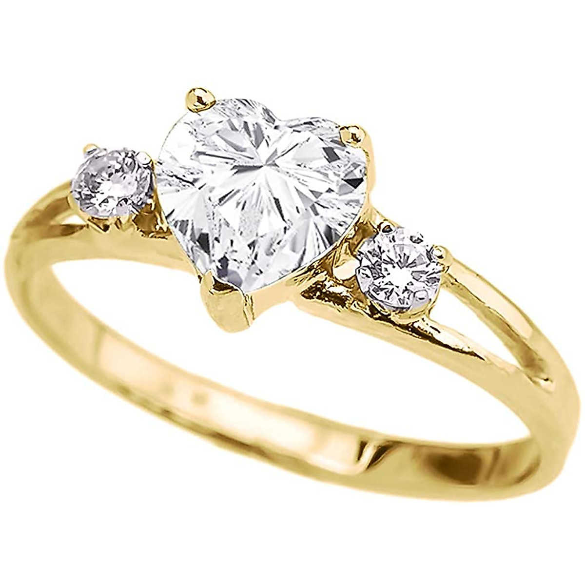 10k Yellow Gold Heart Shape Cubic Zirconia & White Topaz Split Shank Three Stone Ring - Size 4