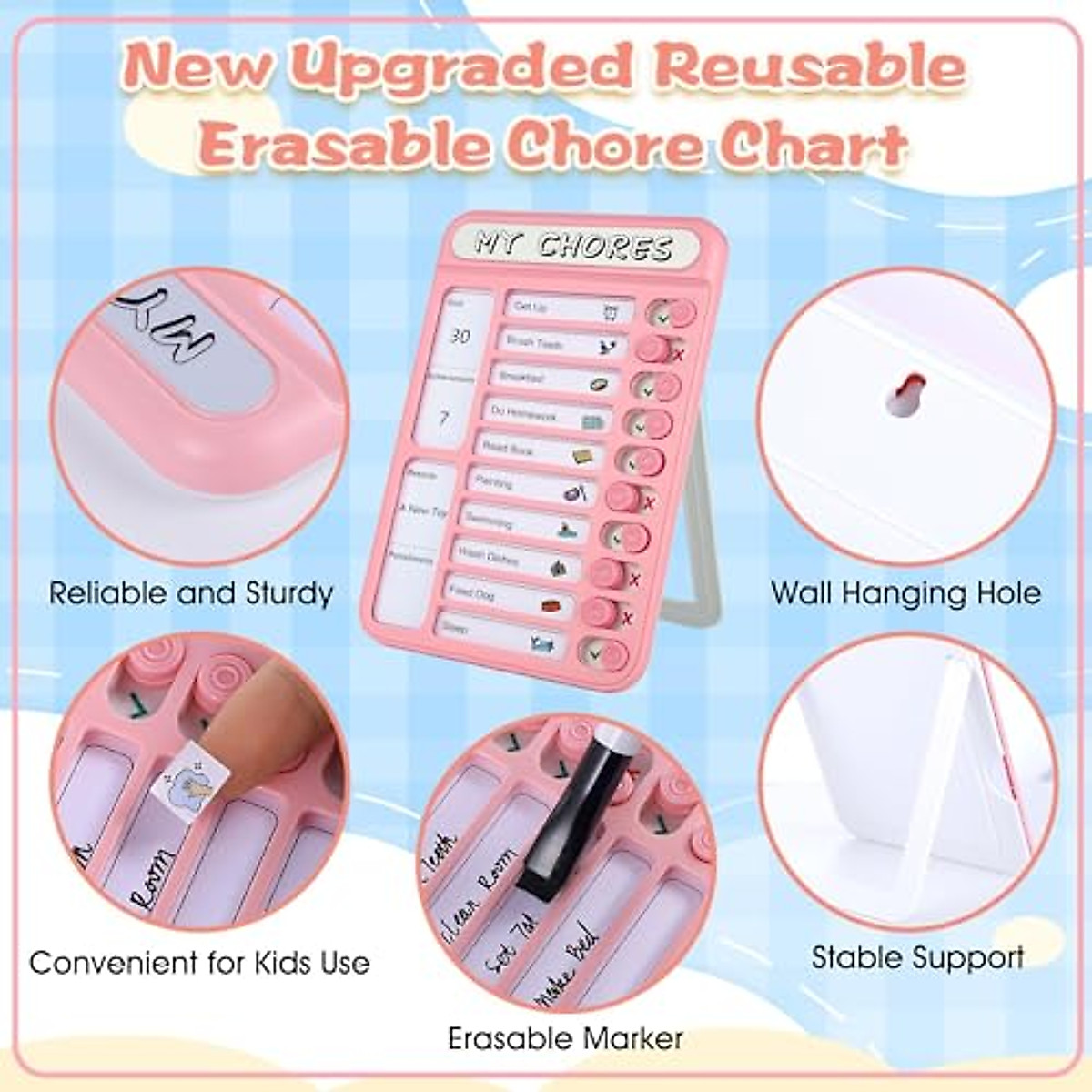 2 Pcs Dry Erase Chore Chart ADHD Tools for Kids Reusable to Do List Checklist Board with 6 Double Sided Erasable Detachable Cardstock RV Daily Routine Schedule Board for Home Desk (Blue, Pink)