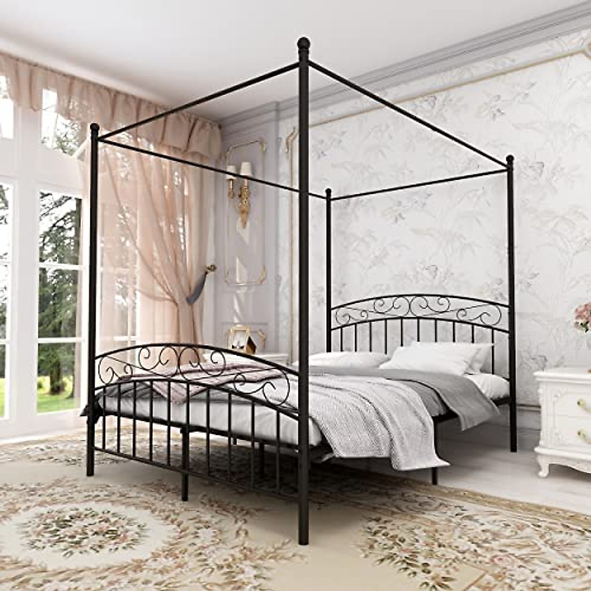ZIRUWU Queen Size Sturdy Metal Canopy Bed Frame with Headboard Footboard Steel Slats Support Easy Assembly No Box Spring Needed,Black