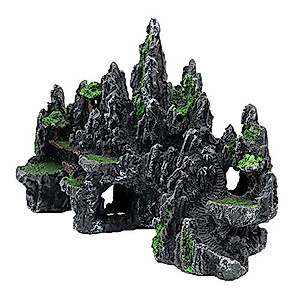 PakyKai Large Fish Tank Decorations, Mountain View Aquarium Ornament with Tree House Cave Bridge Artificial Plastic Plants Aquarium Decorations