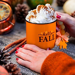 Roshtia 2 Pcs Fall Coffee Mug Enamel Thanksgiving Hello Pumpkin Mini Coffee Cups with Wood Bead Ornaments Fall Tiered Tray Decoration for Thanksgiving Fall Party