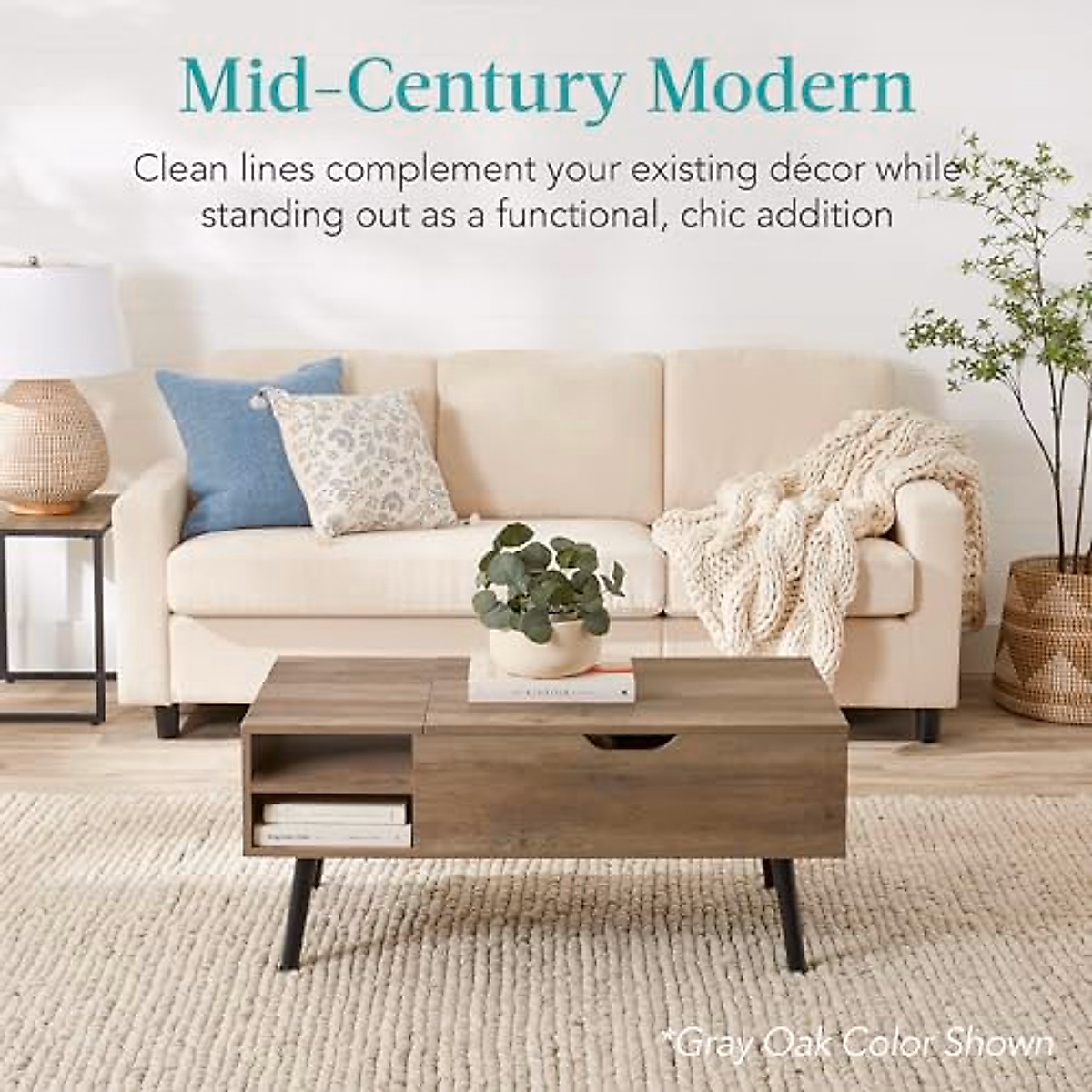 Best Choice Products Lift Top Coffee Table, Wooden Mid-Century Modern Multifunctional Accent Table for Living Room w/Hidden Storage, 2 Cubbies, Removable Shelf - Walnut