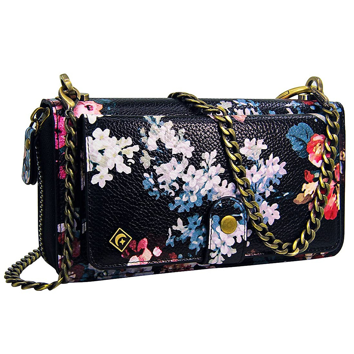XGrand iPhone 13 Pro Max [3 in 1] Detachable Magnetic Zipper Purse Slots Money Pocket Clutch Crossbody Chain Wrist Strap Leather Wallet Cases - Black Floral