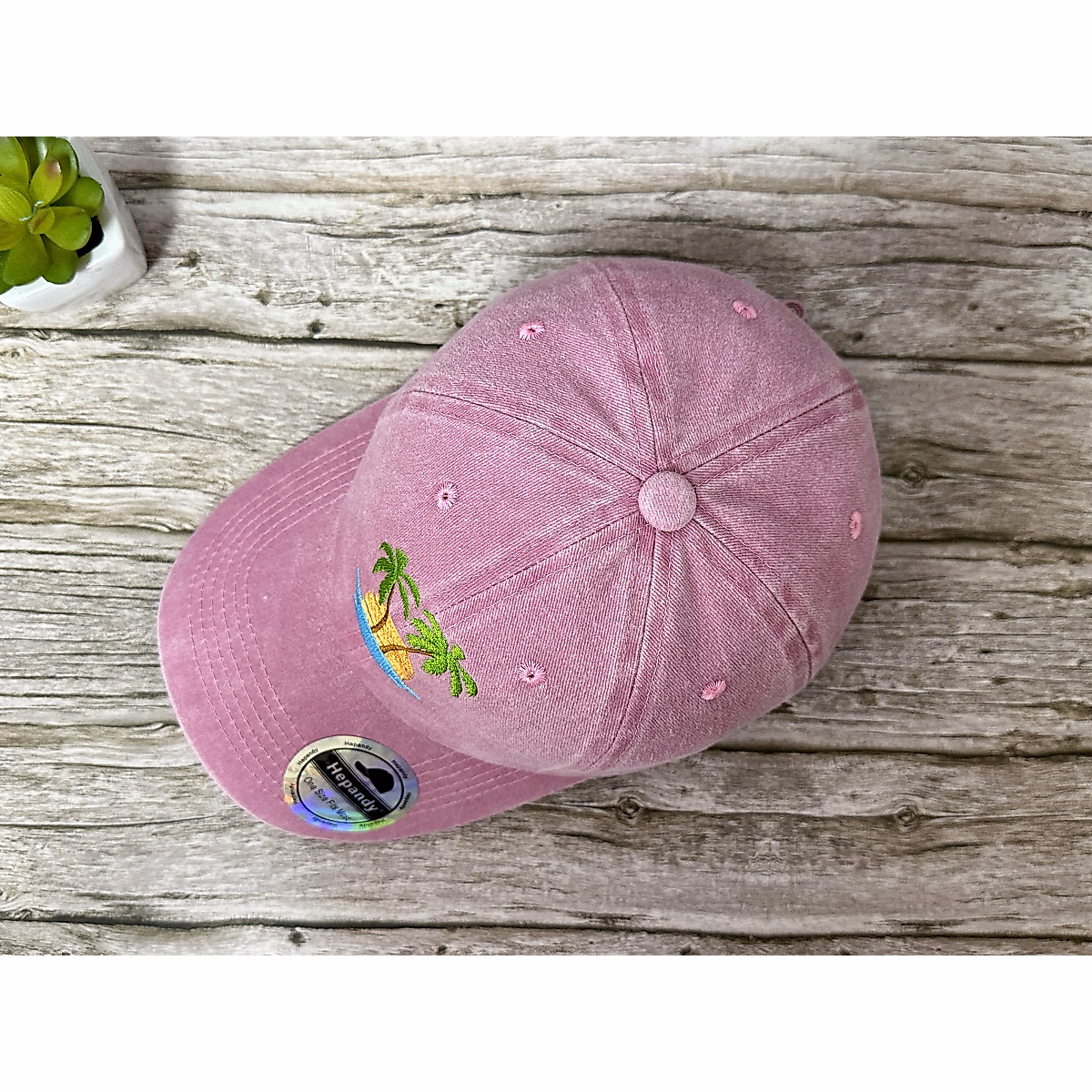 Hepandy Embroidered Palm Tree Hat for Women, Washed Pink Baseball Cap Snapback Hat for Girls, Outdoor Travel Denim Dad Hat Trucker Hat