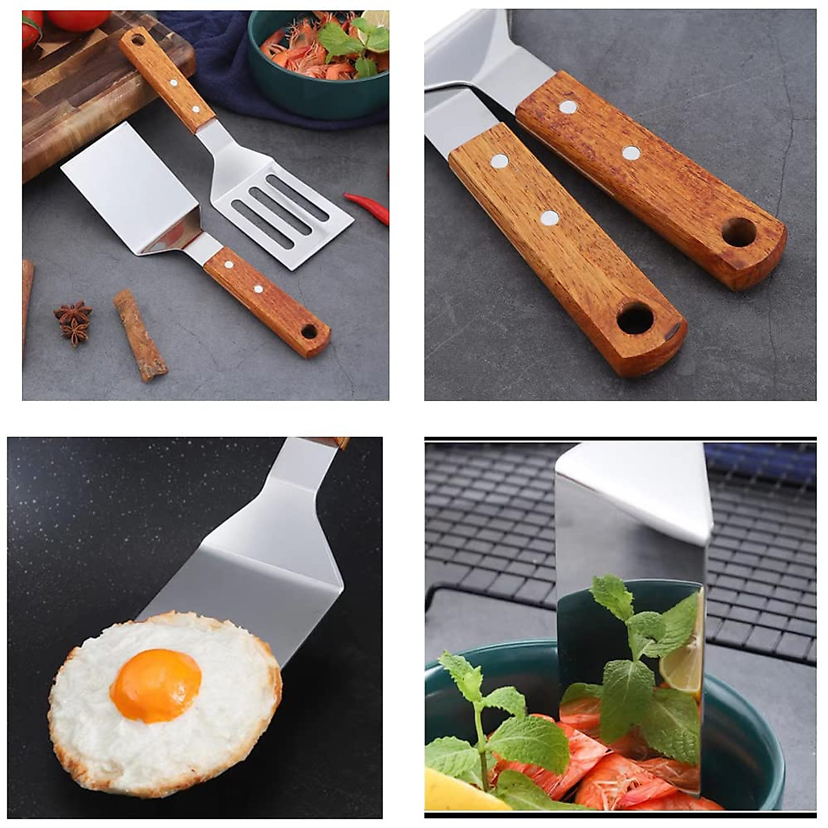 KLAQQED 2 PCS Metal Spatula for Cast Iron Skillet, Stainless Steel Grill Spatula Slotted Spatula Turner Fish Spatula with Wood Handle, Flat Top Grill Spatula, Griddle Metal Spatulas for Cooking BBQ