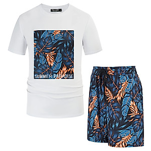 PJ PAUL JONES Men's Fashion Hawaiian Shirt and Short Sets 2 Piece Outfits Short Sleeve Floral Print Beach Set Blue L