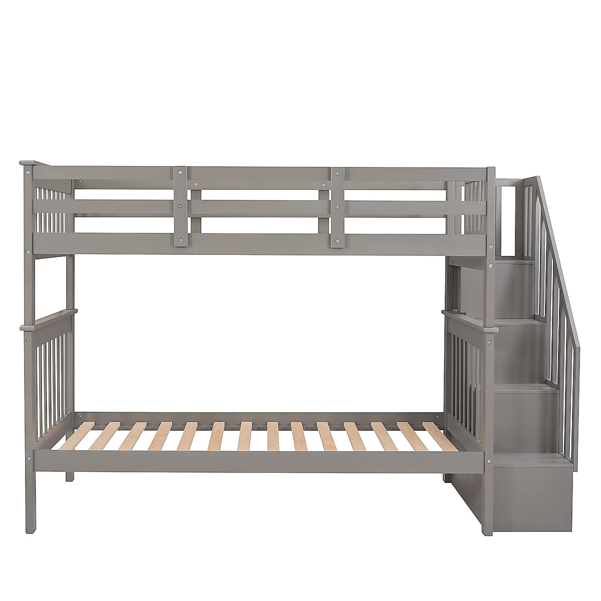 Harper & Bright Designs Bunk Beds Twin Over Twin with Stairs, Wood Bunk Bed Frame with Storage and Guard Rail,Twin Bunk Beds for Kids, Bedroom, Dorm, Teens, Adults,Grey