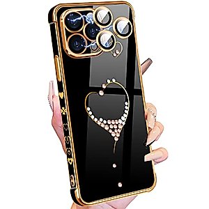 Petitian for iPhone 13 Pro Max Case, Cute Women Girls Bling Glitter Designed Heart Phone Cases for iPhone 13 Pro Max, Girly Gold Plating Phone Cover for 13 Promax with Camera Protector Black
