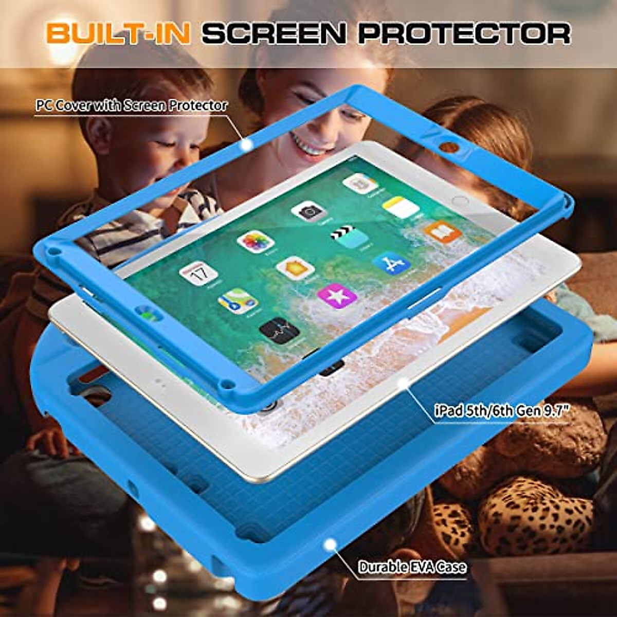 MOXOTEK iPad 6th/5th Generation Case, iPad Air 1/2 Case, iPad Pro 9.7 Case for Kids, Shockproof Protective Cover with Screen Protector for iPad 9.7 inch 6/5 Generation 2018/2017, Blue