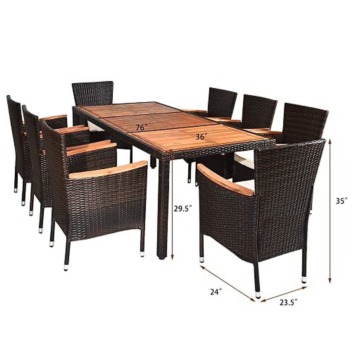 ReunionG 9PCS Outdoor Patio Dining Set, Garden Rattan Wick Furniture Set w/Acacia Wood Table and Stackable Armrest Chairs, Garden Dining Set for Patio, Poolside, Balcony and Indoor, Cushions Included