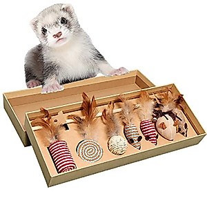 7 Pack Ferret Toys - Interactive Ferret Toys Assortments Feather Teaser Wand with Sisal Mice Balls and Bells Toys for Ferret Cat Kitten Puppy (7 Pack)