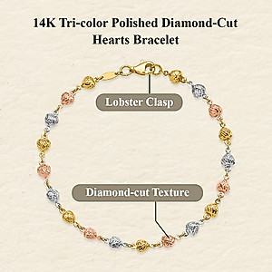 Auriga Fine Jewelry 14K Tri-Color Gold Polished Diamond-Cut Hearts Bracelet 7.5"