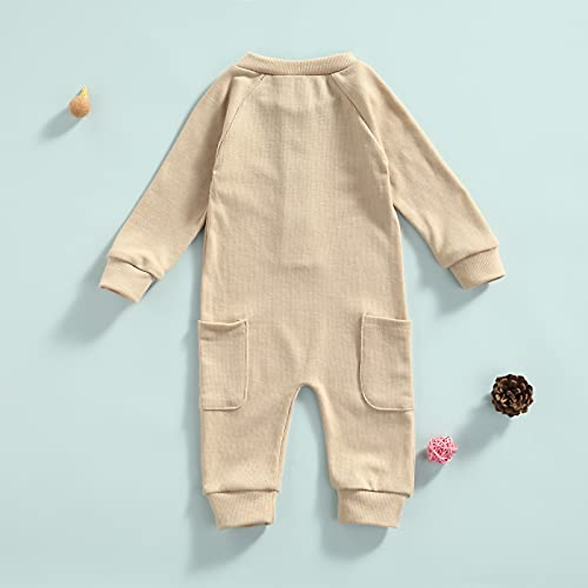 Newborn Baby Girl Boy Clothes Casual Jumpsuit Unisex Infant Solid Color Long Sleeve Romper with Pockets (Khaki, 6-9 Months)