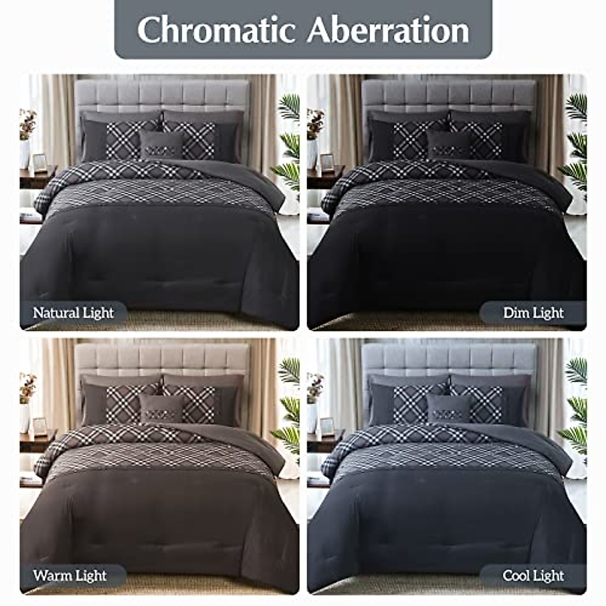 WRENSONGE Plaid King Comforter Set, 8 Pieces Grey Printed and Spliced Plaid Herringbone Bedding Set, Microfiber Soft Farmhouse Comforter Set with Decor Pillow, Lightweight Breathable for All Seasons