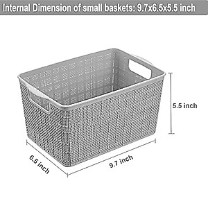 AYSUM 8 Pack Plastic Storage Basket, 9.7 x 6.5 x 5.5 Inch, Small Plastic Baskets Stackable Plastic Woven Organizer with Handle for Home Office - Grey