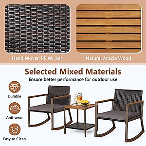 Tangkula 3 Pieces Rocking Bistro Set, Outdoor Rocker Chair with Coffee Table & Cushions, Patio Rattan Furniture Conversation Set for Balcony Porch Poolside (Gray)