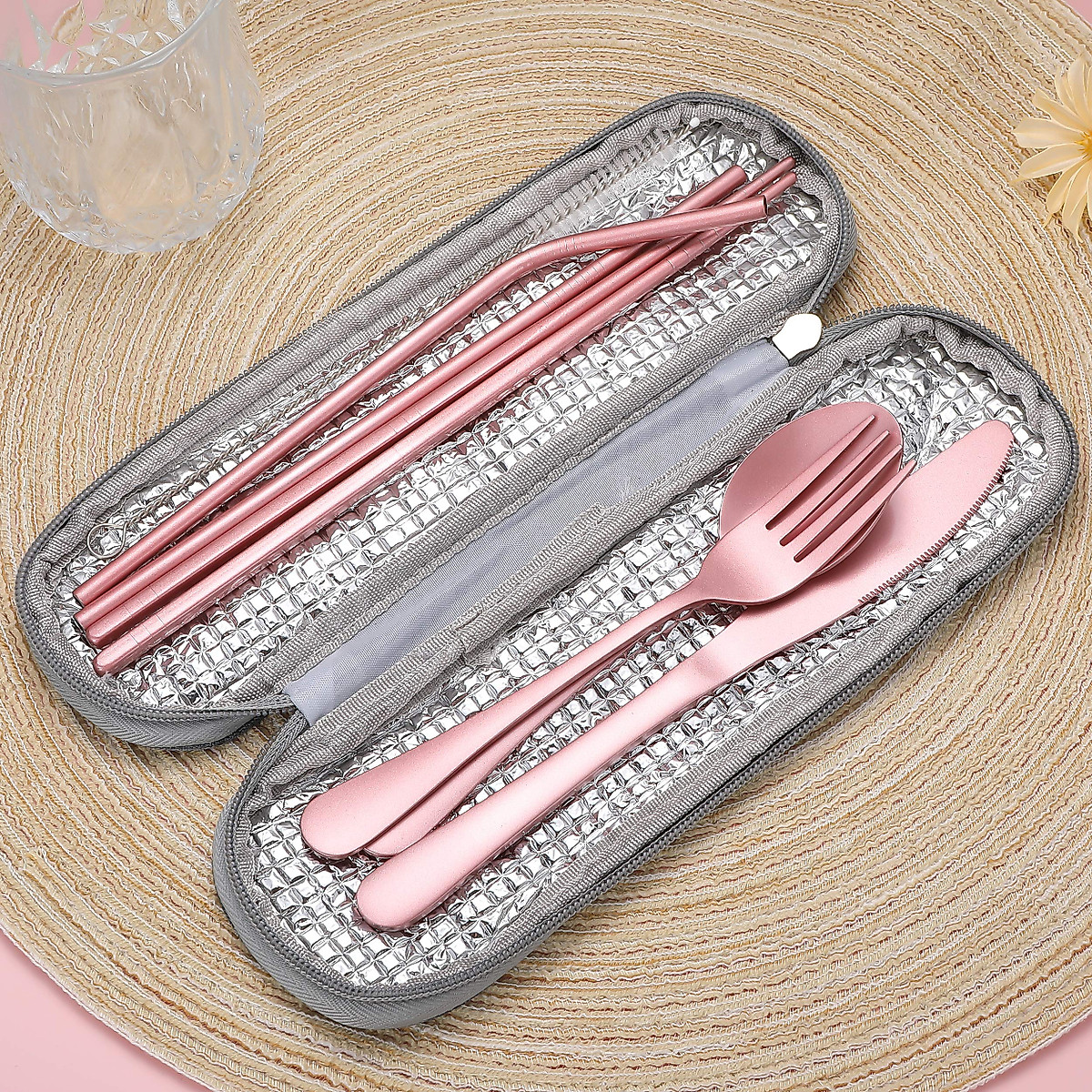 Portable Stainless Steel Flatware Set, Travel Camping Cutlery Set, Portable Utensil Travel Silverware Dinnerware Set with a Waterproof Case (Pink)