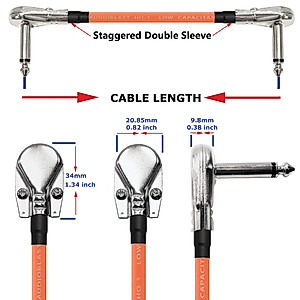 Audioblast - 6 Units - 6 Inch - HQ-1 (Orange) - Ultra Flexible - Dual Shielded (100%) - Instrument Effects Pedal Patch Cable w/ ¼ inch (6.35mm) Low-Profile, R/A Pancake TS Plugs & Dual Staggered Boots