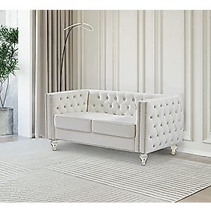 Melpomene Upholstered 60" Velvet Button Tufted Loveseat Sofa with Acrylic Legs,Luxury Chesterfield Sofa with 2 Pillows and Nailhead Trim Square Arms,Beige