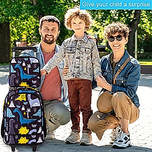 3PCS Kids Rolling Backpack, Boys Roller Wheels Bookbag, Wheeled School Bag with Lunch Bag - Dinosaur