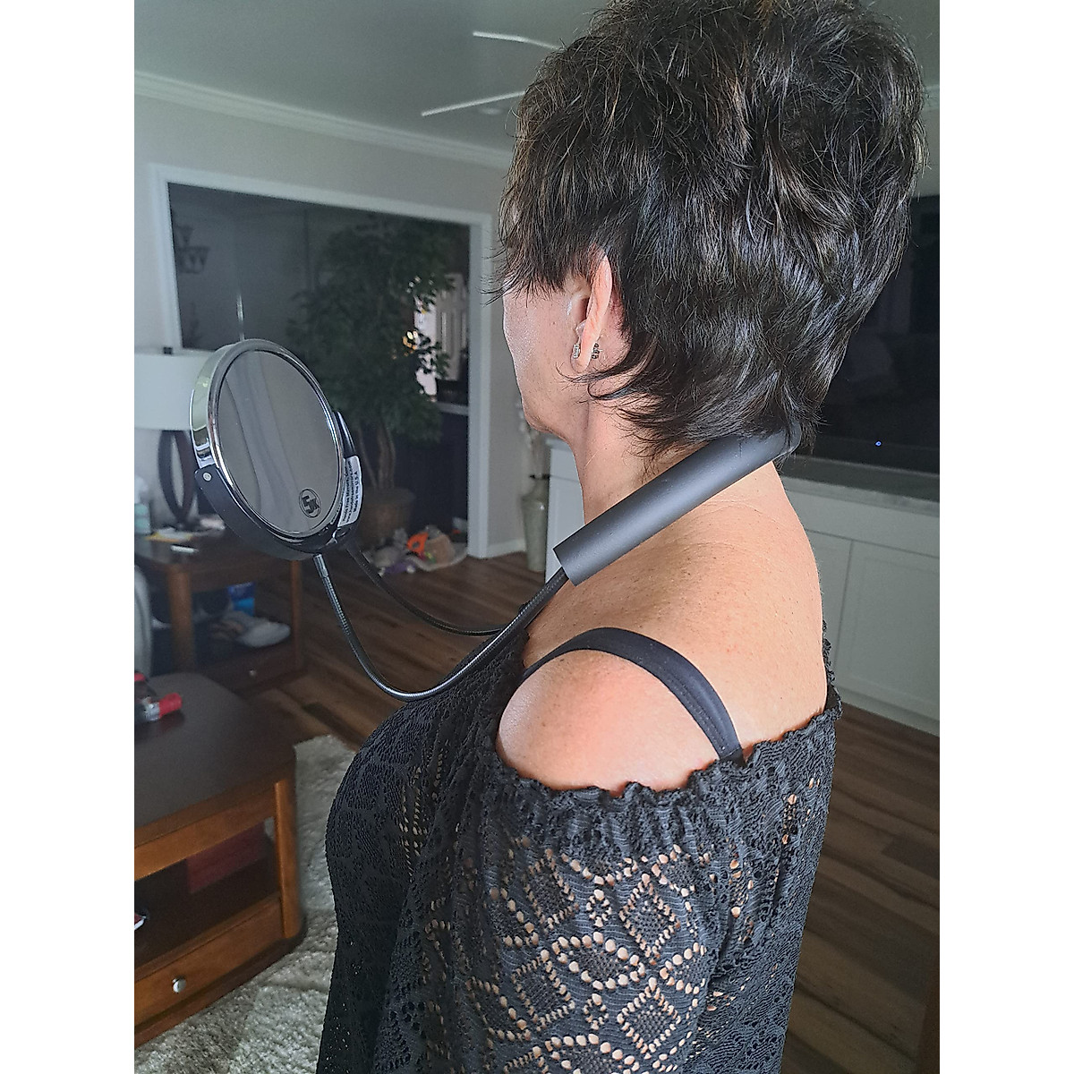 "The Mirrorcle" Great for viewing back of head, traveling, makeup, cutting hair. Cushioned cable is new for comfort to contour to your neck. Std viewing 1 side & 5X on opposite side.