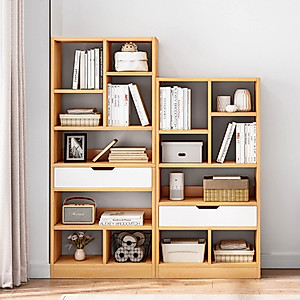 IOTXY Wooden Open Shelf Bookcase - 51" Height Freestanding Display Storage Cabinet Organizer with 7 Cubes and a Drawer, Floor Standing Bookshelf, Yellow