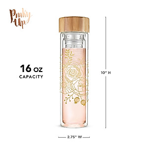 Pinky Up Blair Travel Tea Infuser Mug, Double Walled Insulated Travel Tumbler with Loose Leaf Tea Strainer, Travel Coffee Mug, Keeps Drinks Hot or Cold, 16 oz, Bouquet Design