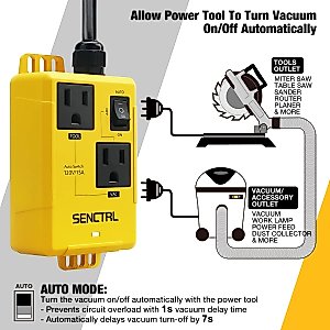 SENCTRL Automatic Vacuum Switch with 5 Ft Power Cord Allow Power Tool/Table Saw To Turn Vac Cleaner/Accessory On And Off Automatically, On Delay Prevent Circuit Overload, Shop Dust Collector Off Delay