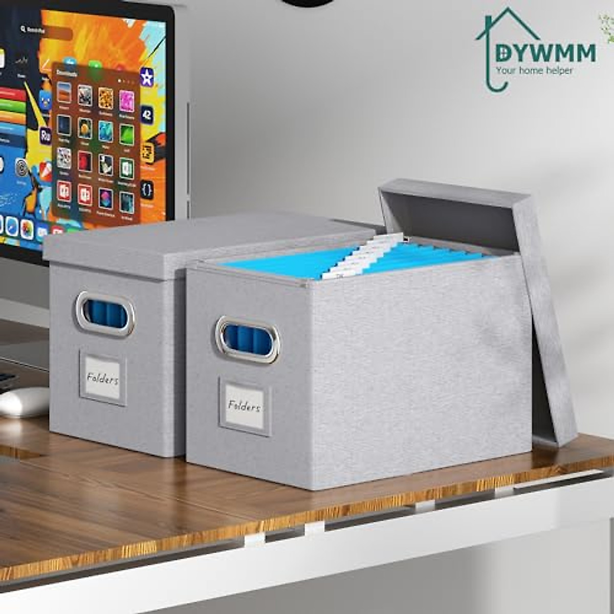 DYWMM Hanging File Box with Lid, Set of 2 Filing Organizer Storage Box, Linen Collapsible Decorative Office/Home File Cabinet (14x9.3x10.9 inch) (Light Gray)