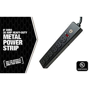 Southwire 5120 20 Amp Rated, 6 Outlet all Metal Power Strip with NEMA 5-20 P&R, 6 Foot 12/3 Cord