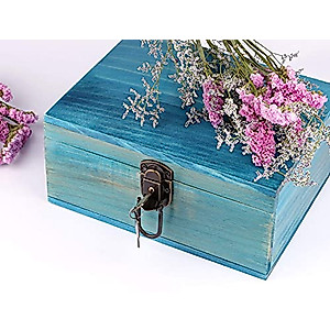 Dedoot Wooden Keepsake Box, Blue Wood Box with Lock Decorative Handmade Craft Small Latched Box for Jewelry Gift Storage and Home Decor, 9.3x7.6x4.5 Inch