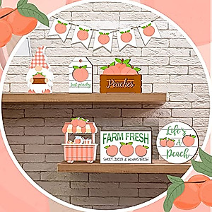 Yalikop 11 Pieces Lemon Peach Pumpkin Tiered Tray Decor Set Gnome Fresh Lemonade Wooden Wood Blocks Standing Sign Decorations for Layered Pallets Summer Autumn (Peach Style)