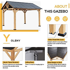 YOLENY 11' x 13' Wood Gazebo Outdoor Gazebo Spruce Wood Framed Gazebo with Black Steel Hardtop Roof for Garden, Patio, Lawns, Parties
