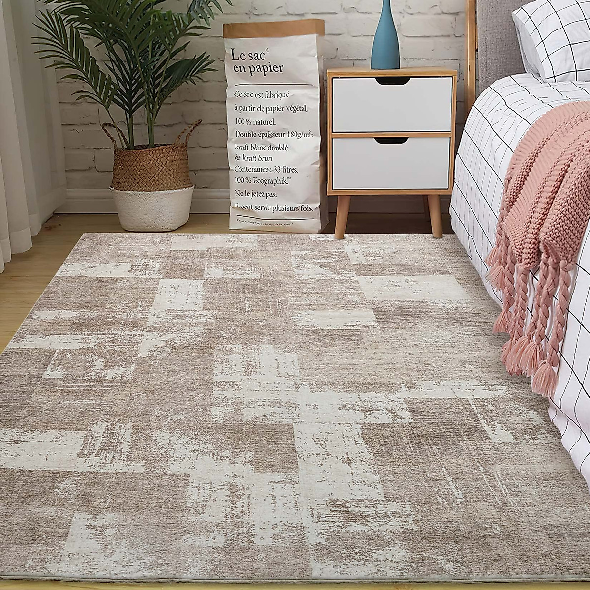 Area Rug Living Room Rugs: 5x7 Indoor Soft Small Low Pile Carpet Abstract Decor Large Washable for Bedroom Dining Room Under Kitchen Table Home Office - Beige/Ivory