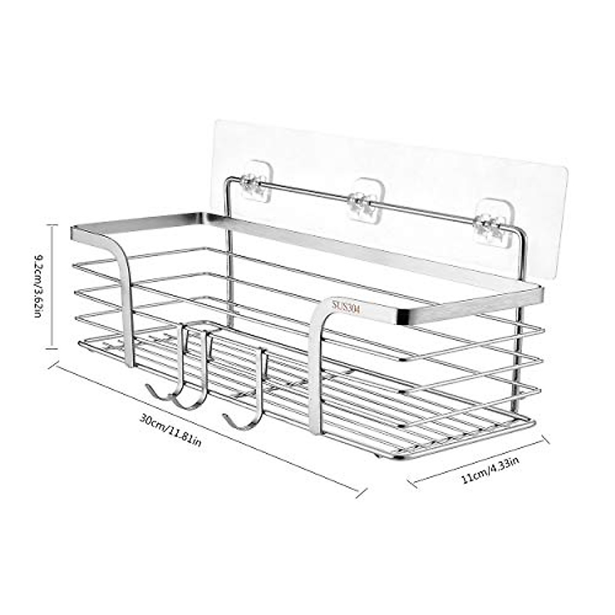 N+A Shower Caddy Kitchen Caddies Shelves Basket Bathroom Adhesive Storage Shelf No Drilling SUS304 Stainless Steel Toilet Shell with 3 Moveable Hooks for Hanging Razor Sponge